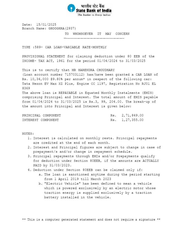 HC EV Loan Certificate - SBI | PDF