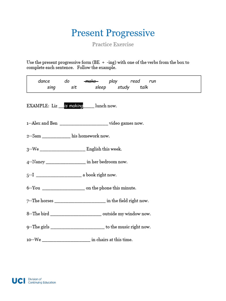 تمارين Present Progressive Practice Exercise | PDF