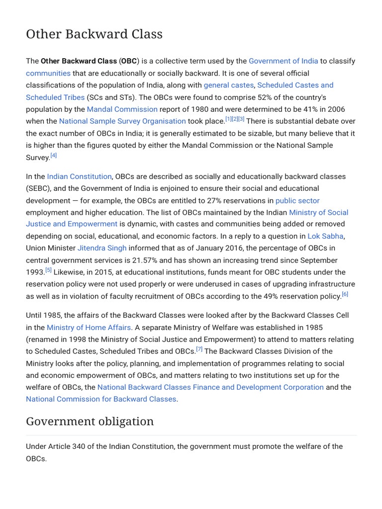 Other Backward Class - Wikipedia | PDF | Government Of India | Politics ...