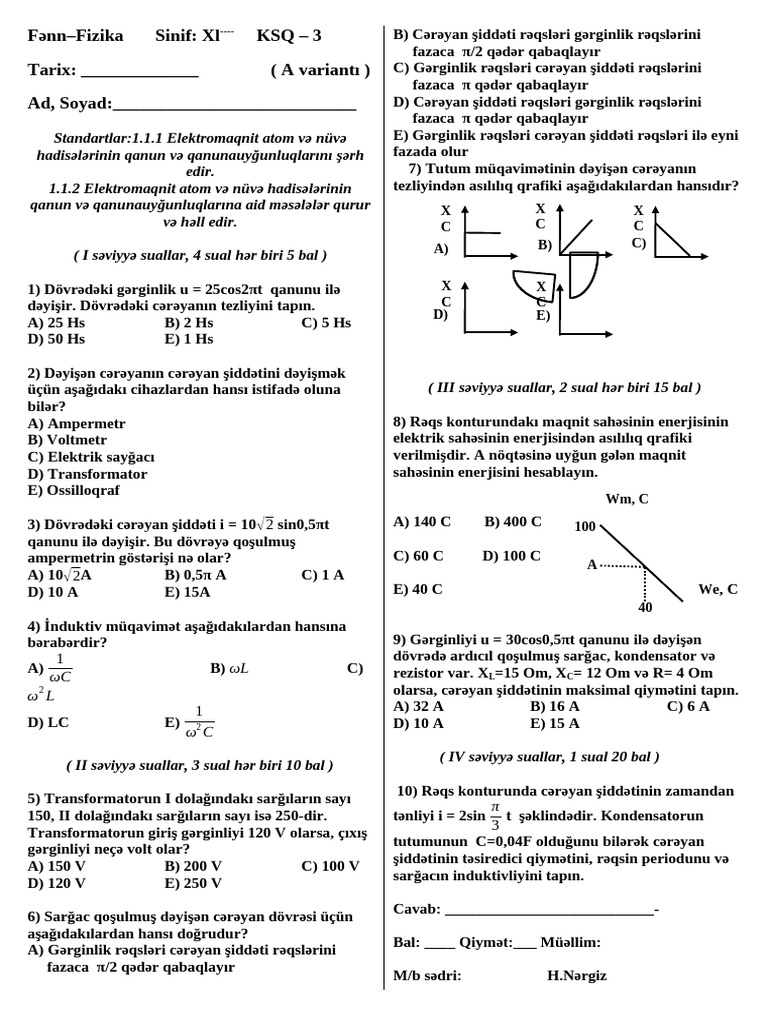 Fənn-Fizika Sinif: XL KSQ - 3 Tarix: - (A Variantı) Ad, Soyad | PDF