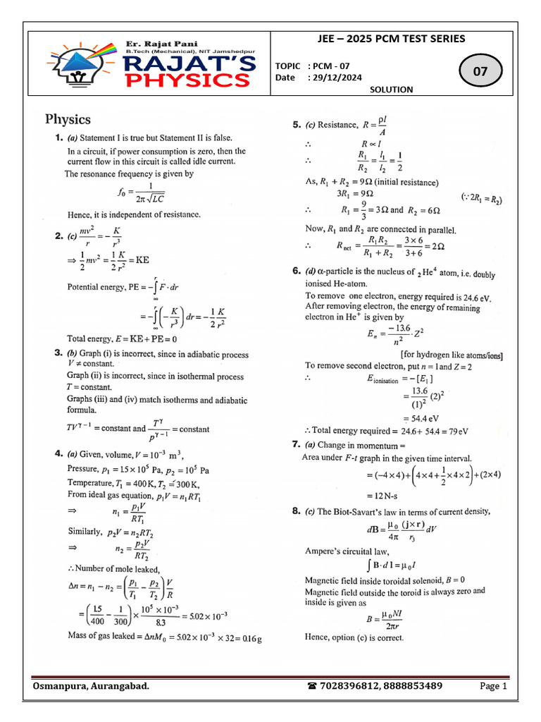 Jee PCM 7 (Solution) (29-12-2024) | PDF