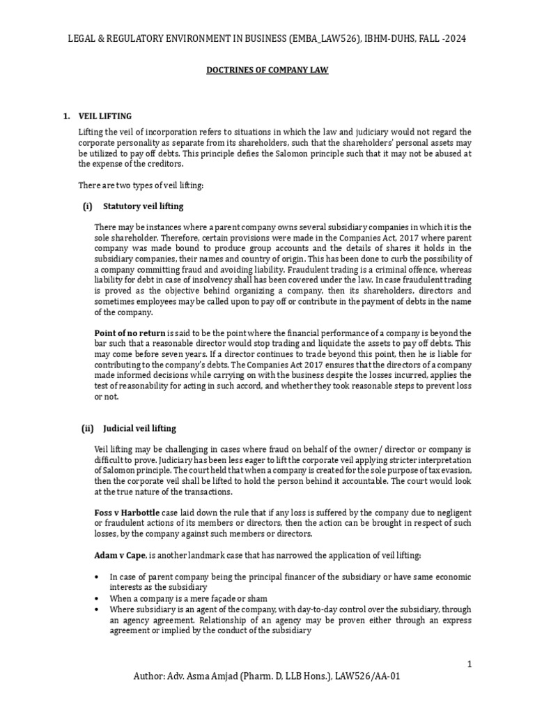 Company Law Doctrines Explained | PDF | Corporations | Business Law