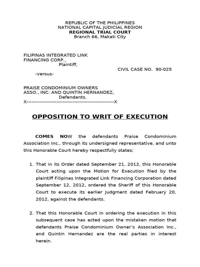 Opposition to Writ of Execution Case | PDF | Public Law | Judiciaries