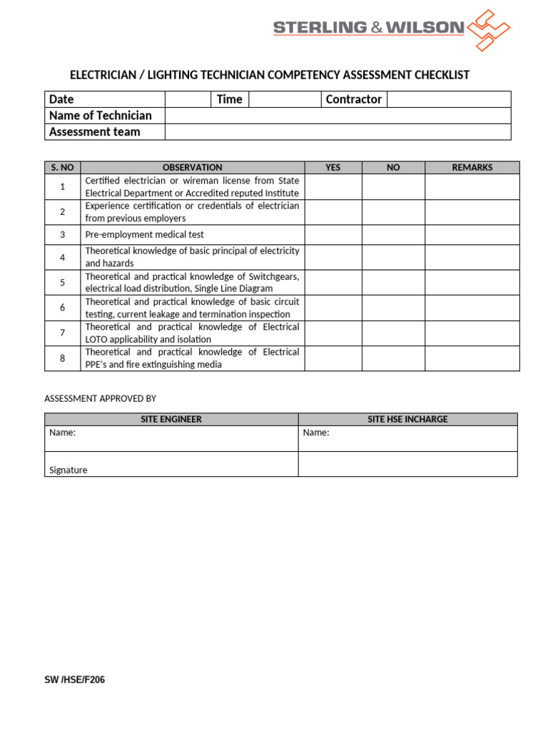 Electrician Competency Assessment Checklist | PDF