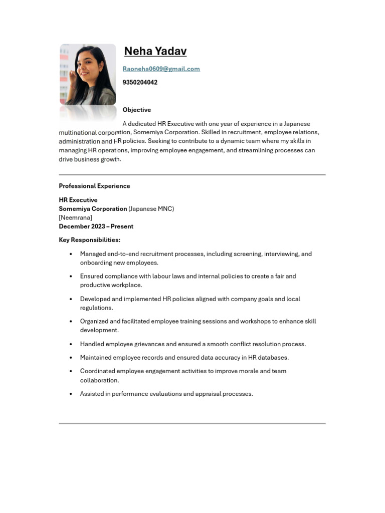 Neha Resume Pdf1 | PDF | Employment | Human Resource Management