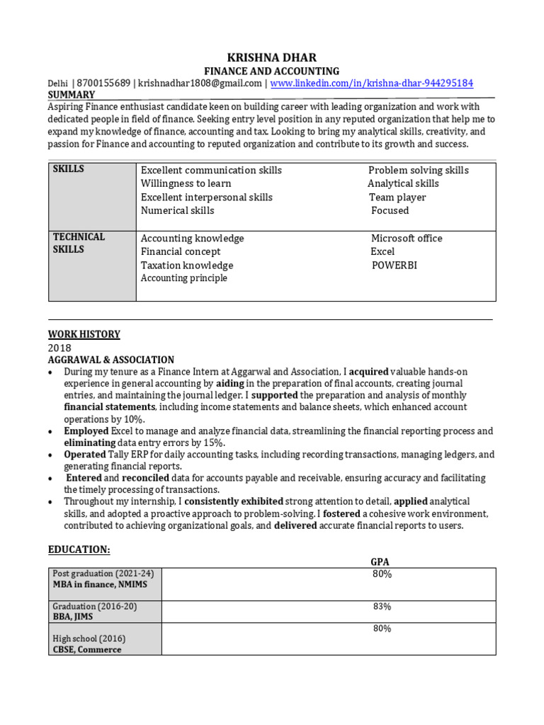 Finance Intern Resume of Krishna Dhar | PDF | Accounting | Cognition
