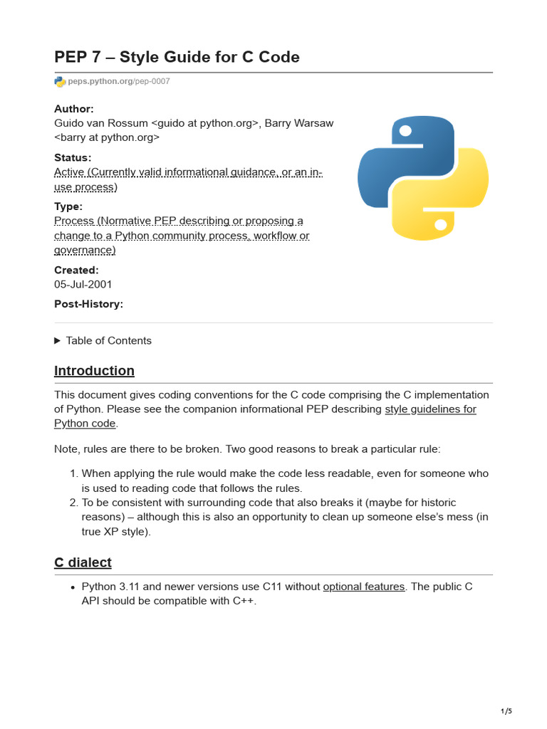 Pep 7 Style Guide For C Code Pdf C Programming Language Python