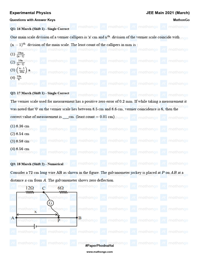 Mathongo Question Experimental Physics Jee Main 2021 March Chapterwise | PDF