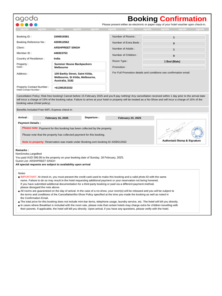 Confirmation for Booking ID # 1506919381 (1) | PDF