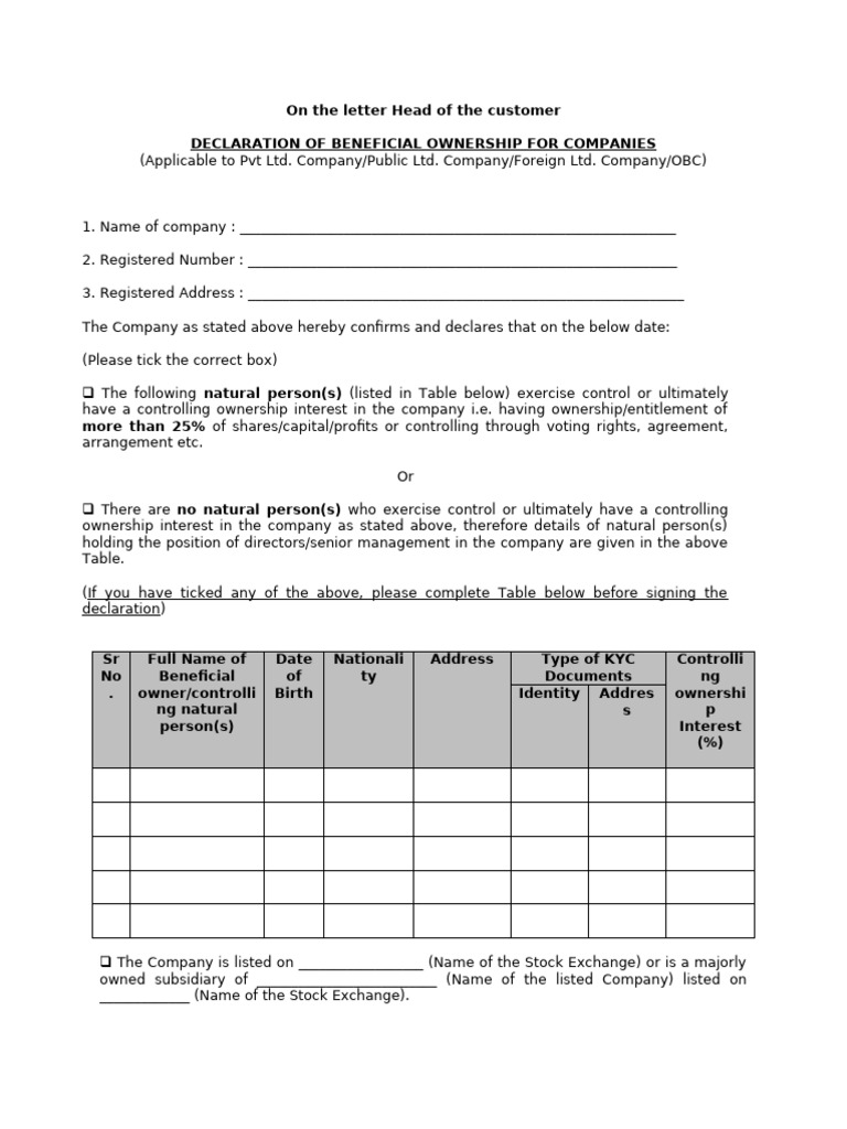 Beneficial Ownership Declaration Form | PDF | Stocks | Companies
