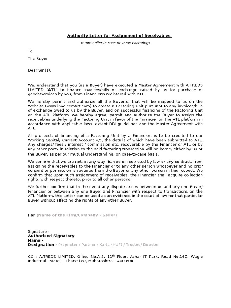 Authority Letter For Assignment of Receivables - For New Seller | PDF