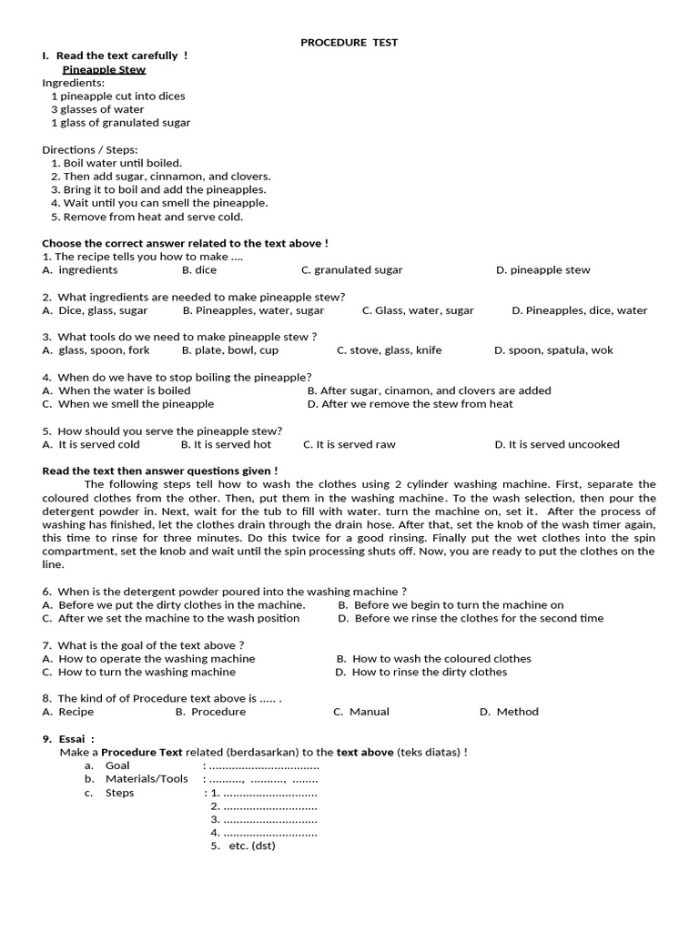 PROCEDURE TEST Class 7 | PDF | Washing Machine | Domestic Implements