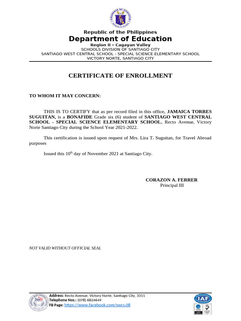 Certificate of Enrollment Template | PDF
