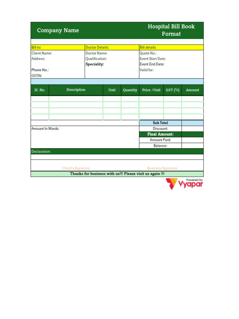 Hospital Bill Book Format 01 | PDF