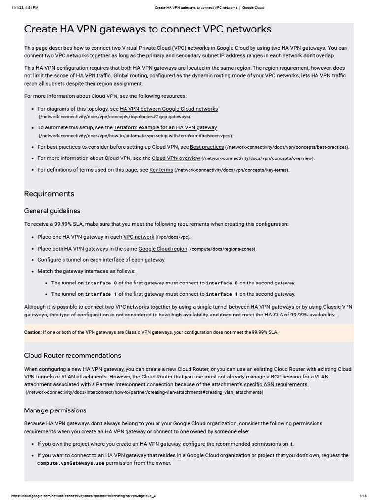 Create HA VPN Gateways To Connect VPC Networks - Google Cloud | PDF | I ...