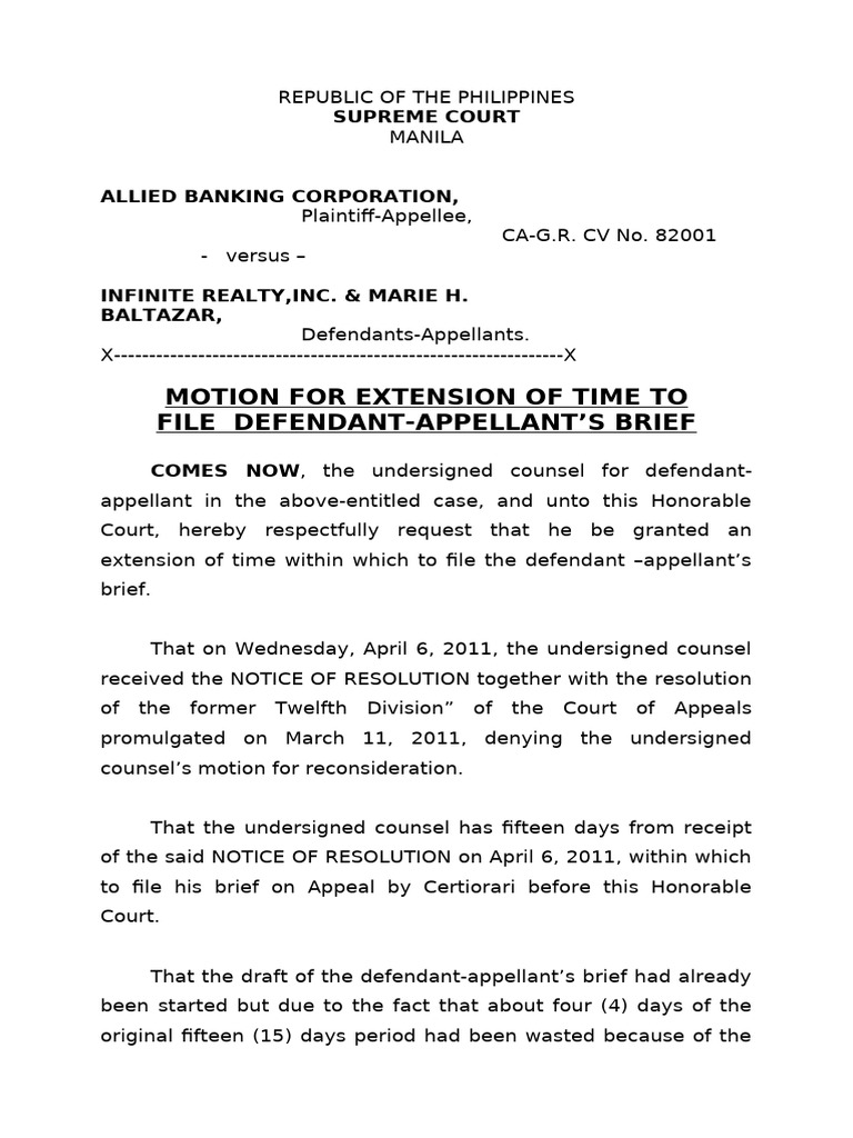 Motion For Extension of Time To File Appellant | PDF | Appeal | Brief (Law)