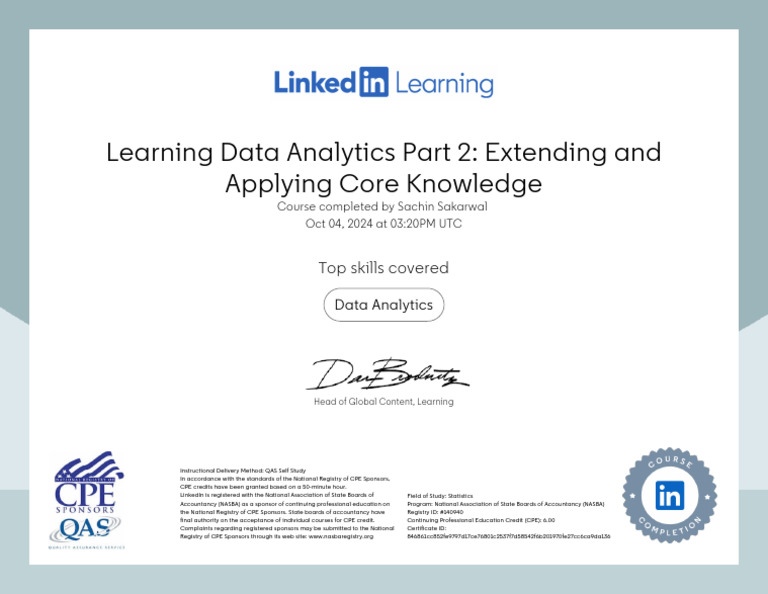 CertificateOfCompletion - Learning Data Analytics Part 2 Extending and Applying Core Knowledge | PDF