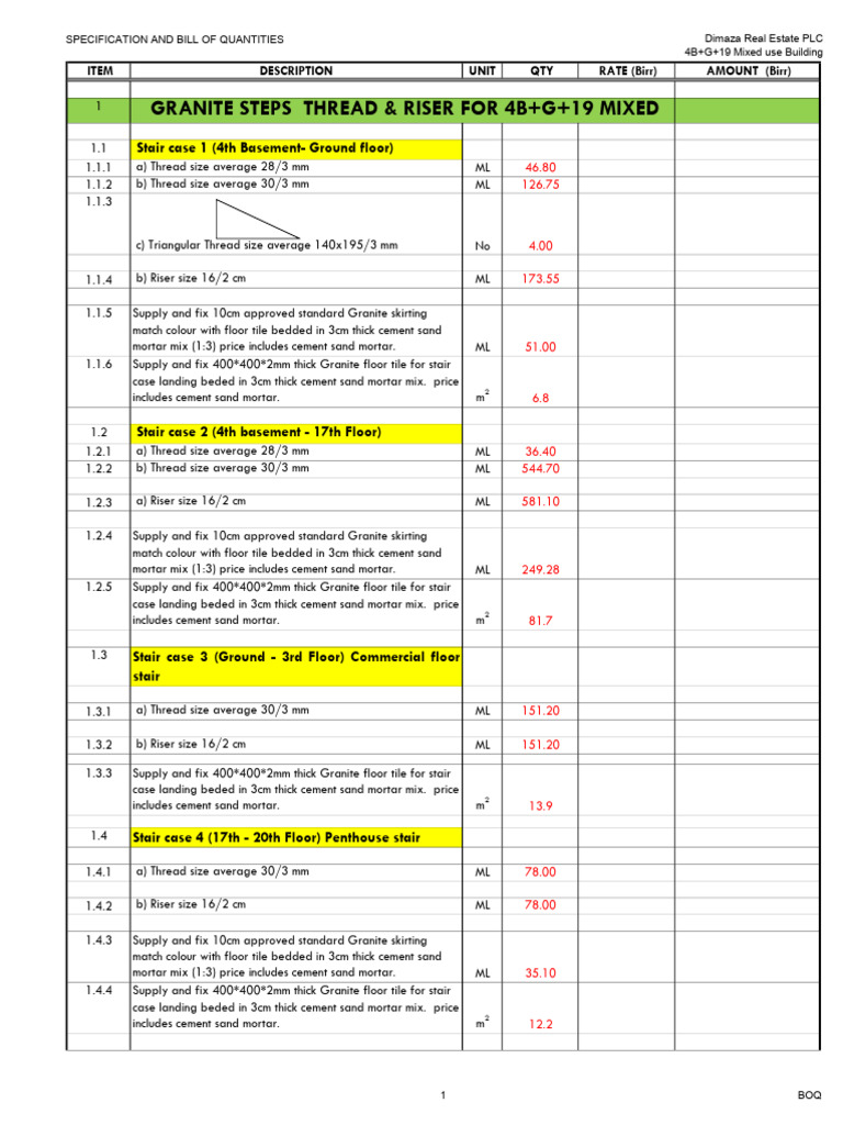 Stair Thread, Rizer, Skirting and Landing Granite Quantity | PDF ...