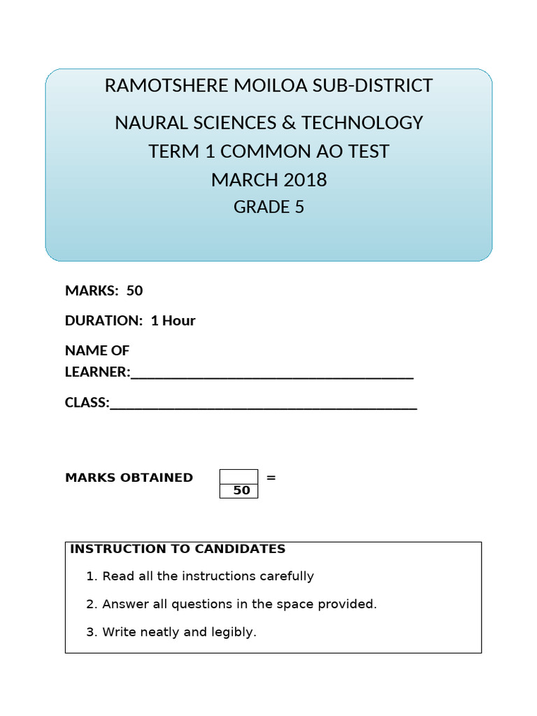 Grade 5 Natural Sciences Test 2018 | PDF | Foods | Plants