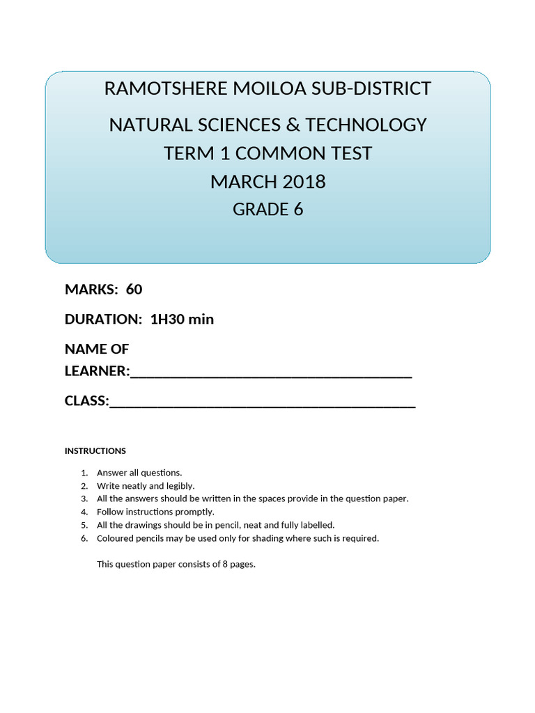 Grade 6 Natural Sciences Test 2018 | PDF | Foods