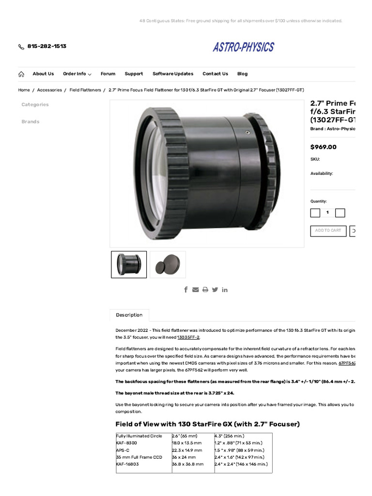 2.7 - Prime Focus Field Flattener For 130 F - 6.3 StarFire GT With ...
