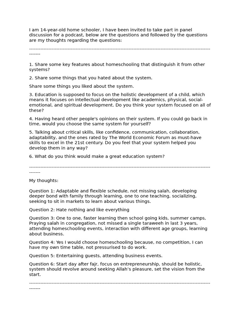 Podcast Questions | PDF | Homeschooling | Learning