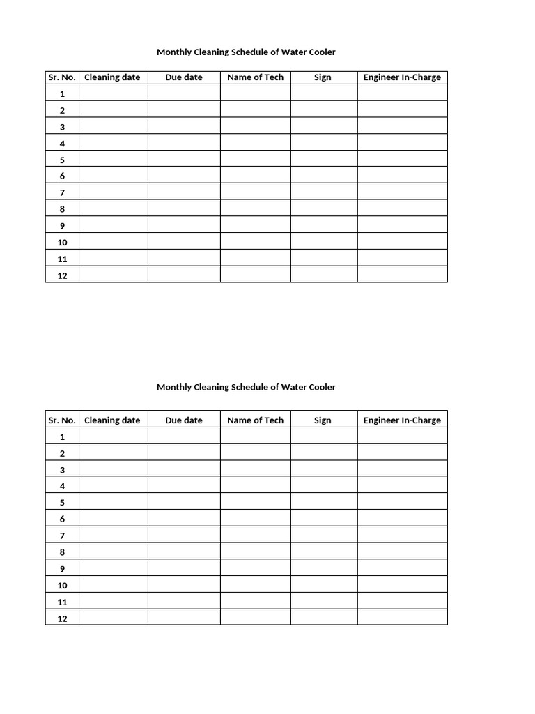 Monthly Cleaning Schedule of Water Cooler | PDF