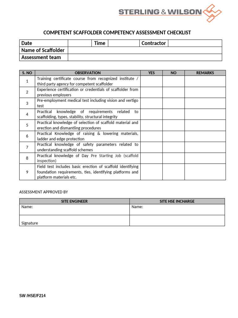 Scaffolder Competency Assessment Checklist | PDF