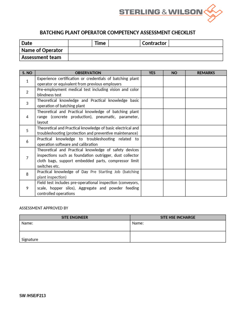 Batching Plant Operator Assessment Checklist | PDF
