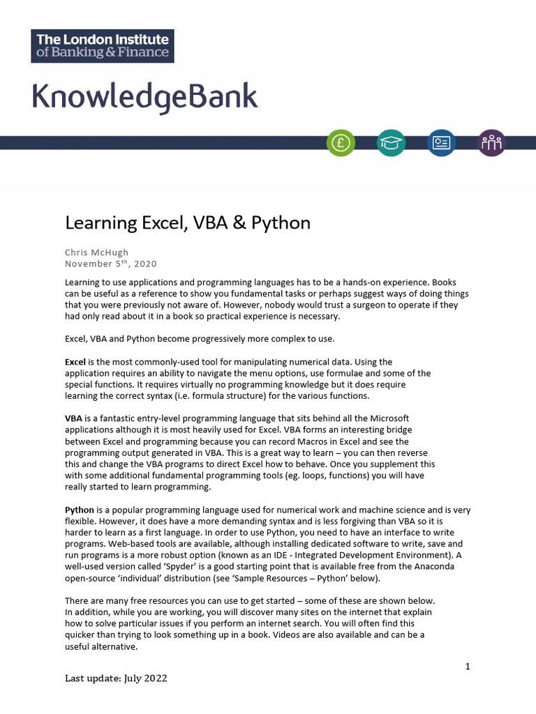 Learning Excel Vba and Python | PDF | Microsoft Excel | Visual Basic For Applications