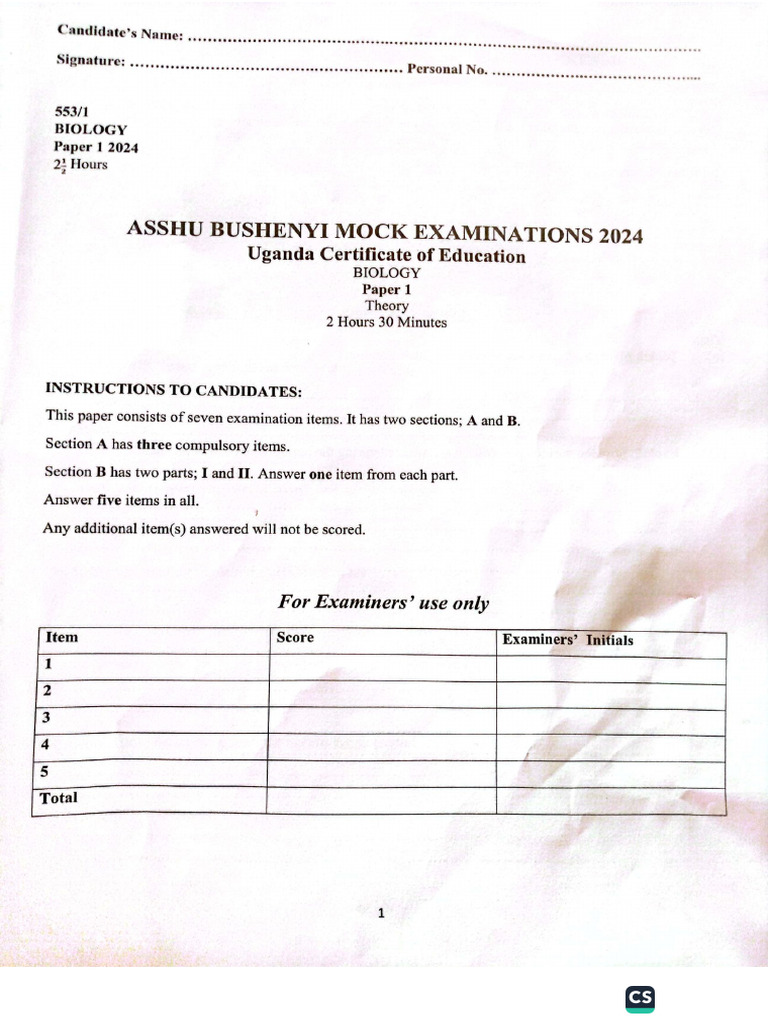 UCE Bio 1 Asshu Bushenyi | PDF