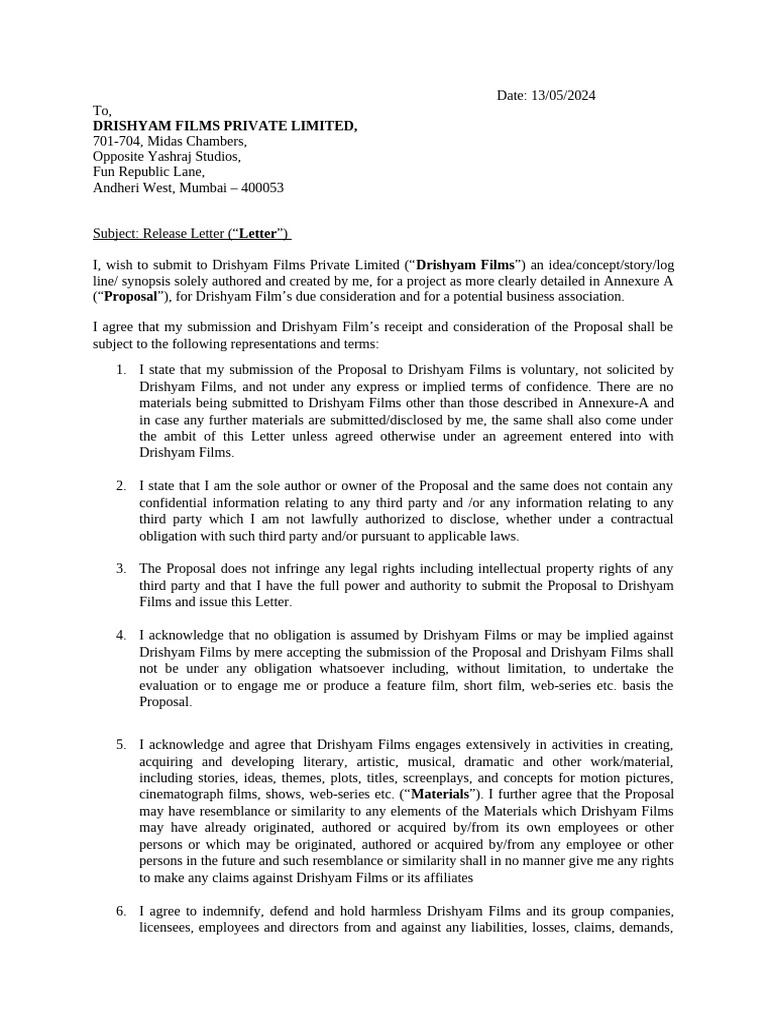 Letter of Disclosure - DF Receiving December 2023 | PDF | Indemnity ...