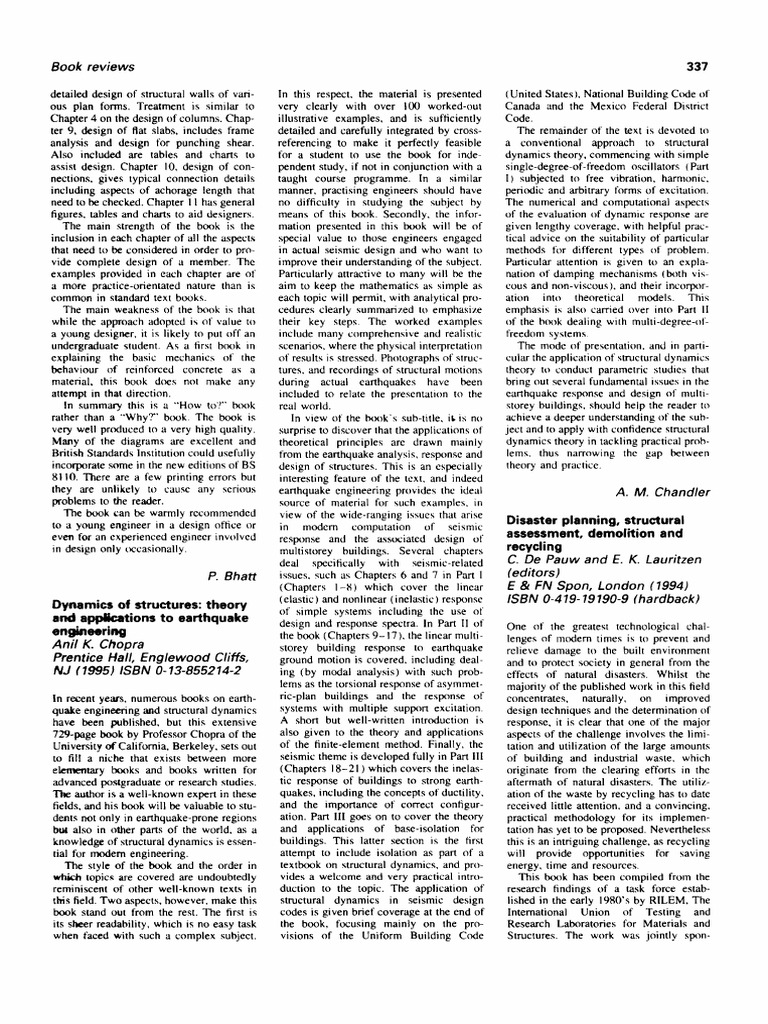 Dynamics Of Structures Theory And Applications To Earthquake