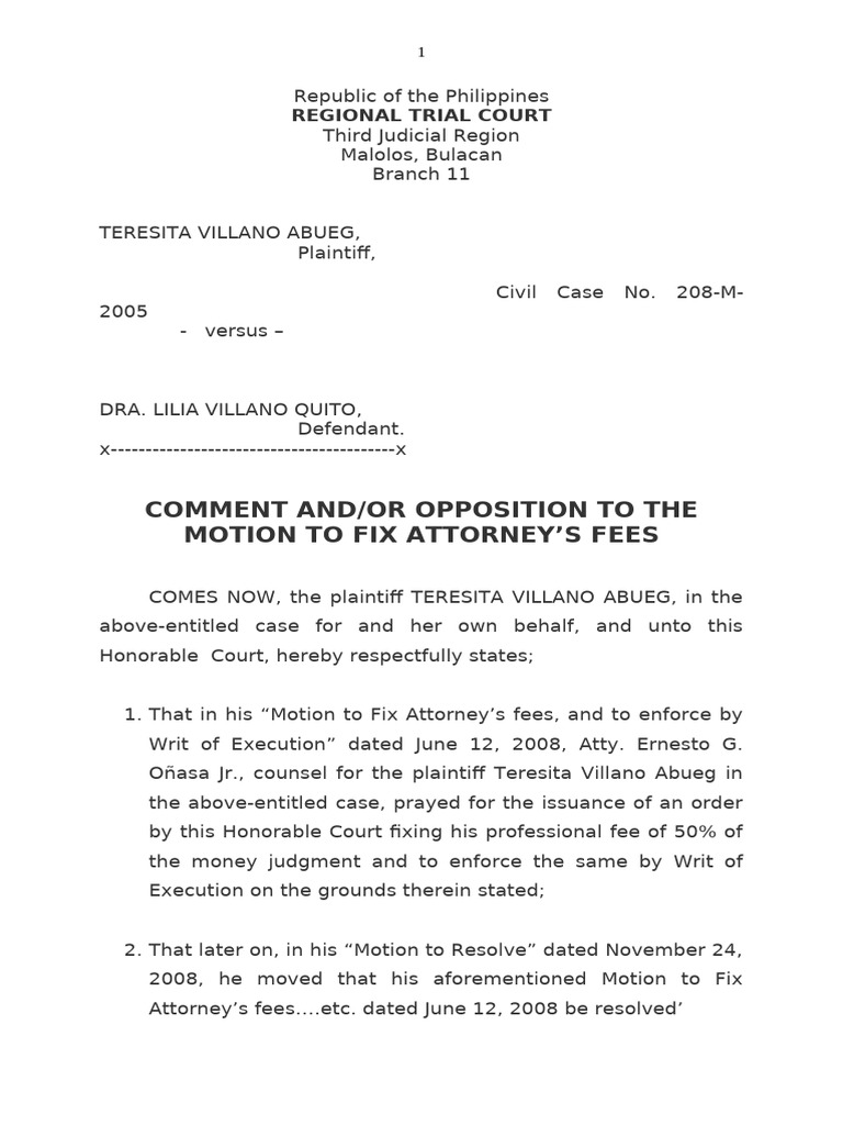 Motion to Fix Attorney's Fees | PDF | Attorney's Fee | Legal Procedure
