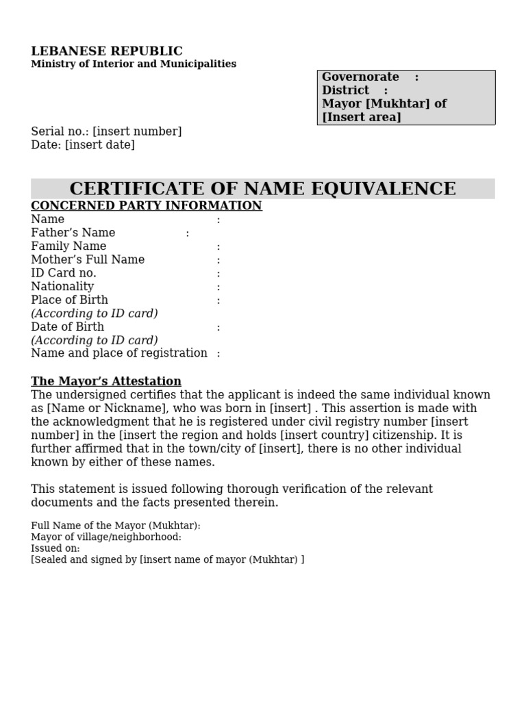 Certificate of Name Equivalence | PDF