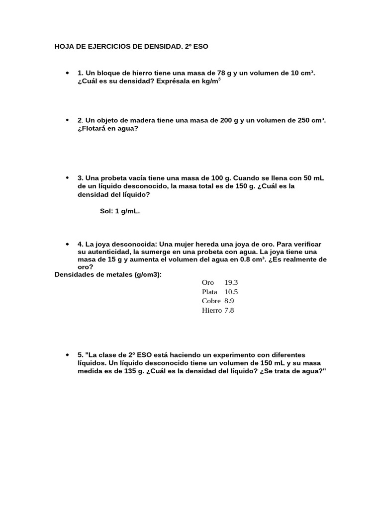 Ejercicios de Densidad para 2º ESO | PDF