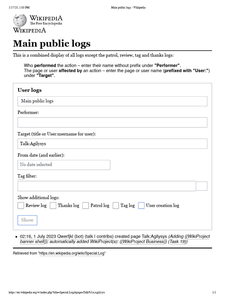 Main Public Logs - Wikipedia | PDF