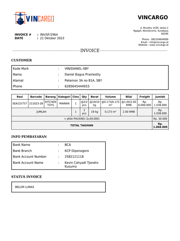 Invoice Vincargo - INV_SF_2964 | PDF