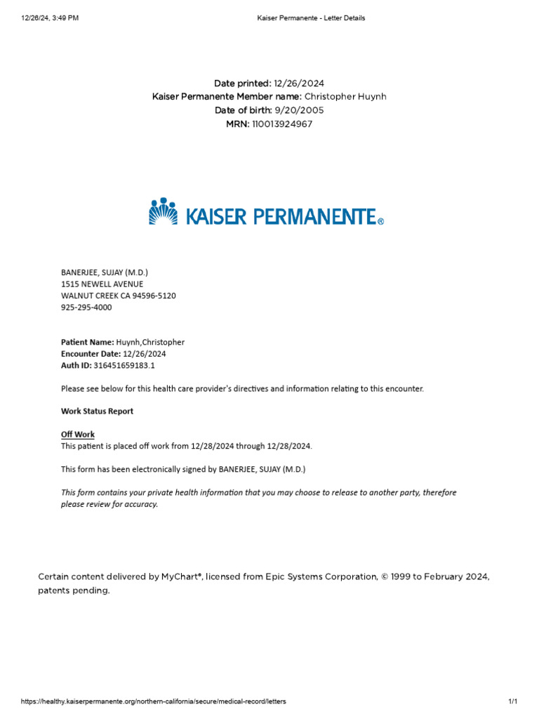 Letters - Medical Record - Kaiser Permanente | PDF