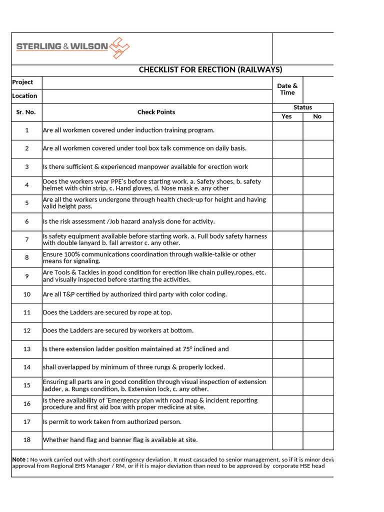 Railway Erection Safety Checklist | PDF | Personal Protective Equipment ...