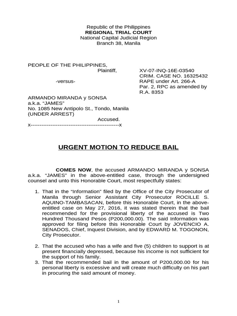 Urgent Motion to Reduce Bail | PDF | Bail | Government