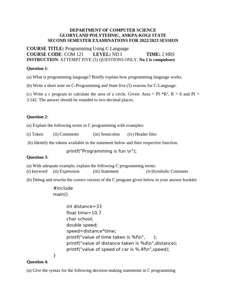 C Programming Exam Questions 2022/2023 | PDF | C (Programming Language) | Computer Program