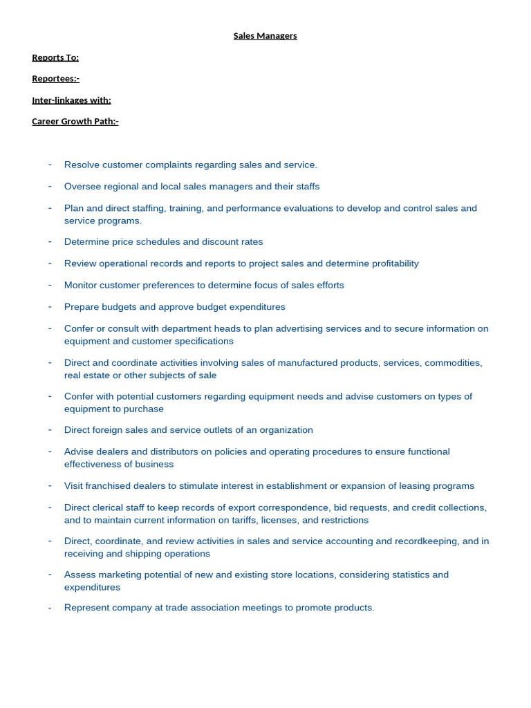 Sales Manager Responsibilities Overview | PDF