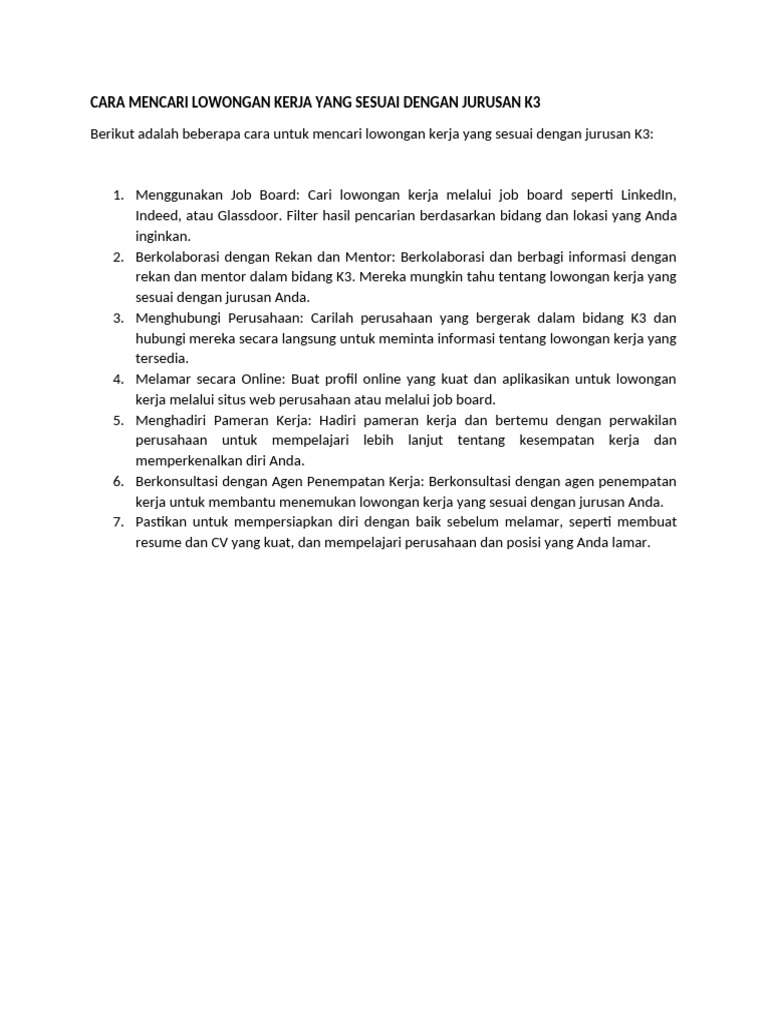Cara Mencari Lowongan Kerja Yang Sesuai Dengan Jurusan K3 | PDF