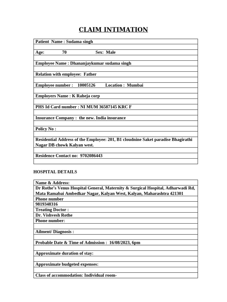 Claim Intimation Format 1 | PDF