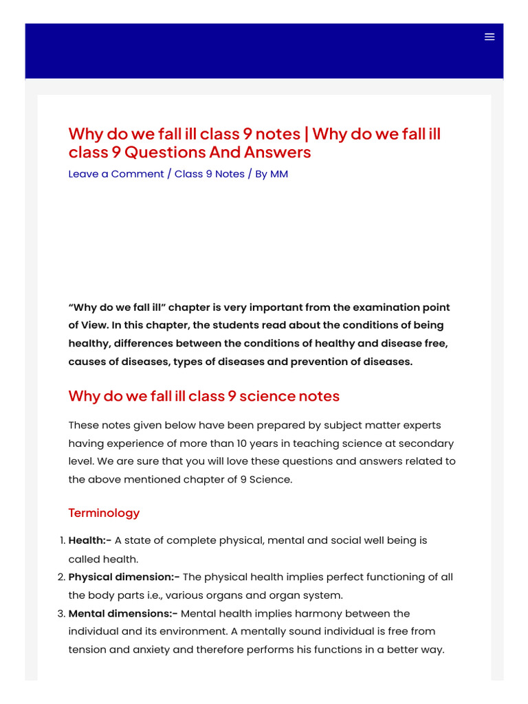 Why do we fall ill class 9 notes | PDF | Infection | Vaccines