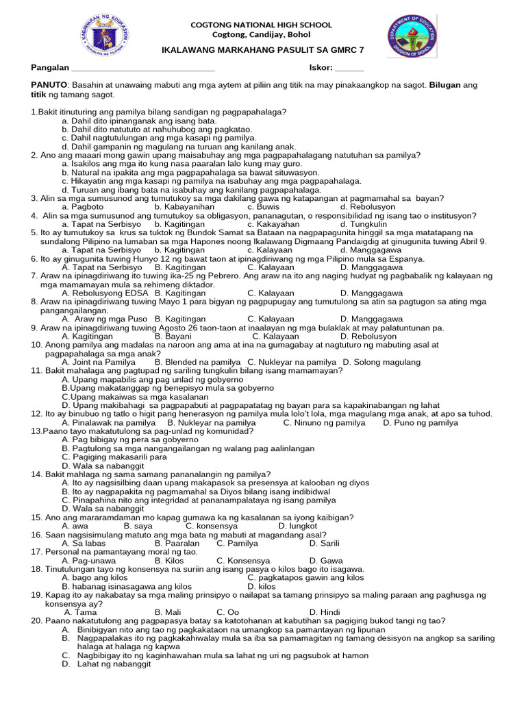 2nd Quarter Exam GMRC 7 | PDF