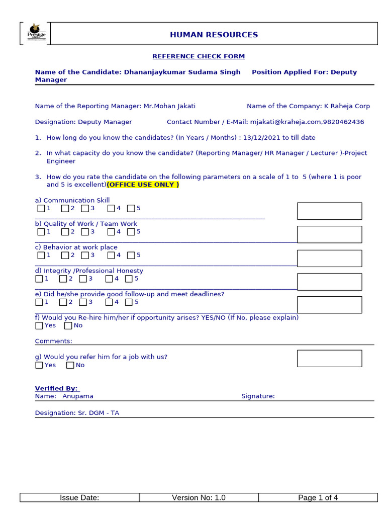 Reference check Form (1) | PDF | Employee Relations | Industrial ...