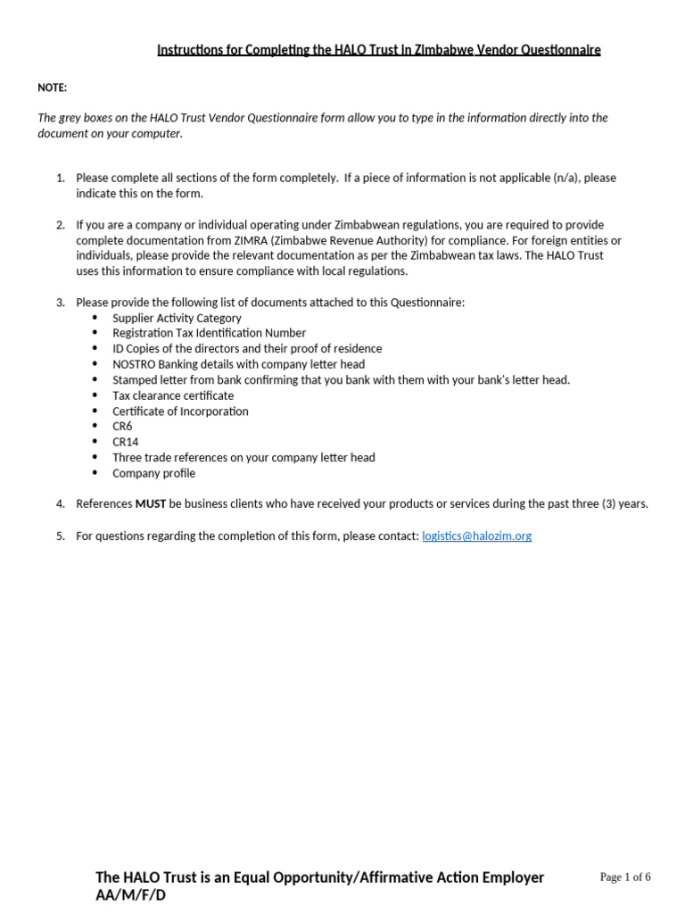 HALO Trust Zimbabwe Vendor Questionnaire | PDF | Banks | Payments