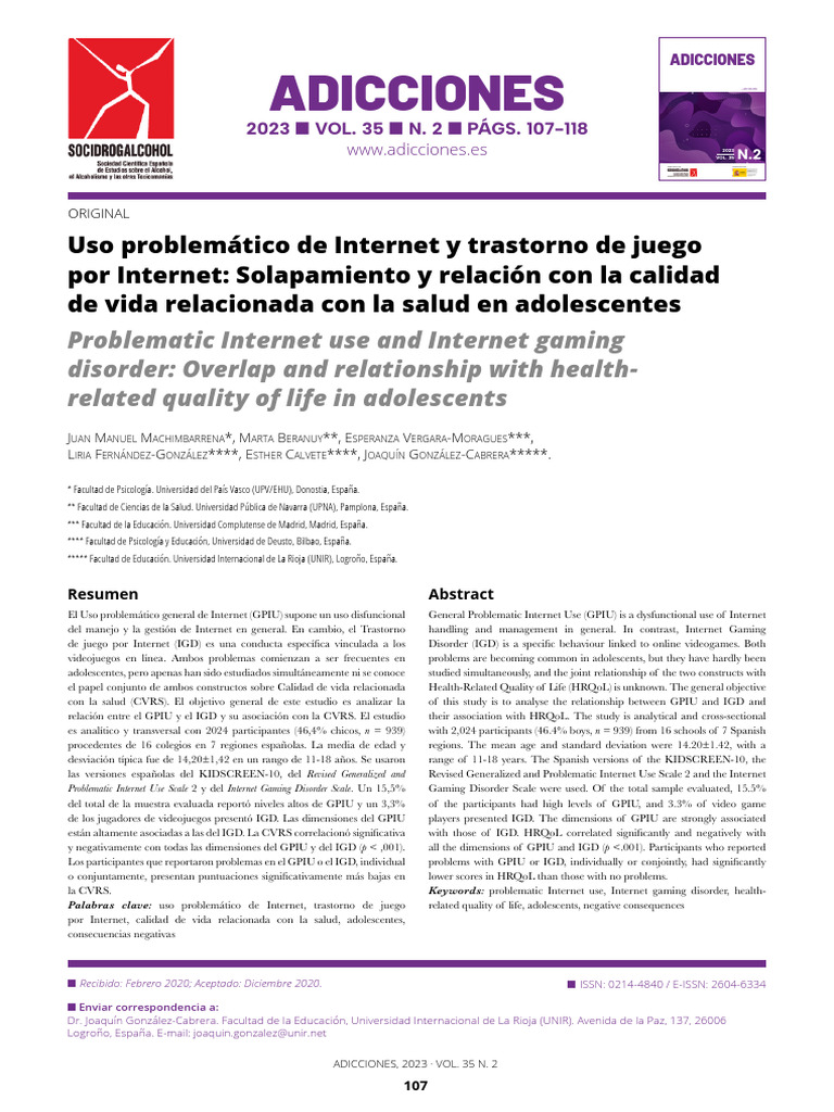 Uso Problemático de Internet y Trastorno de Juego Por Internet - Texto ...